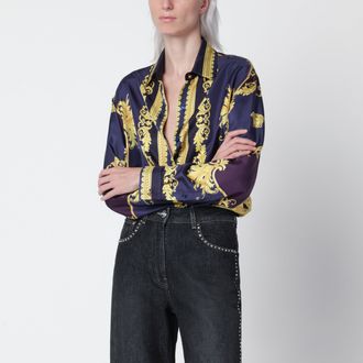 Versace New Barocco blaues Hemd aus Seidentwill