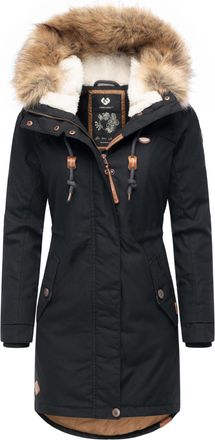 Ragwear Damen Wintermantel Warmer Parka lang mit abnehmbarem Kunstfell Tawny Intl Black22 Gr. XXL