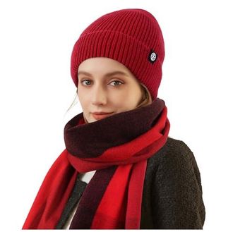 Generic Ensemble de 3 pi&egrave;ces avec &eacute;charpe &agrave; carreaux et ch&acirc;le dhiver chaud en tricot &eacute;pais pour lext&eacute;rieur, bonnet, &eacute;charpe, gants, Rouge, Taille unique