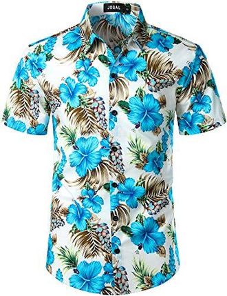 JOGAL Chemise hawaïenne à manches courtes en coton pour homme, Bleu hibiscus, S