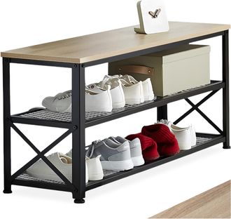 TecTake Schuhregal schmal mit Sitzfl&auml;che, Schuhbank aus Holz Metall, Industrial Style, 3 Ebenen mit 2 Gitterablagen, 101 x 30,5 x 45,5 cm (Industrial Holz hel