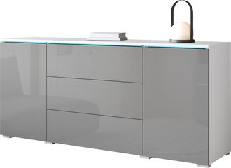 Mirjan24 Kommode Doppo 150 mit 3 Schubladen und 2 T&uuml;ren, Griffloses &Ouml;ffnungssystem, Anrichte, Sideboard, Highboard, Mehrzweckschrank (Wei&szlig;/Grau Hochglanz, mit 