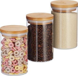 Relaxdays Vorratsdosen Glas, 3er Set, für Pasta, Reis, Müsli, Kaffeebohnen, Volumen 800 ml, HxD 16x9,5 cm,, natur