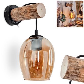 HOFSTEIN Wandleuchte Vevino, Wandlampe aus Metall/Holz/Glas in Schwarz/Natur/Bernstein/Klar, Leuchte im Retro/Vintage-Design mit Schirm aus Glas (&Oslash; 15cm) u. An