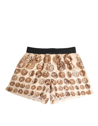Dolce & Gabbana Mens Brown Ancient Coin Print Silk Shorts Swimwear Beige