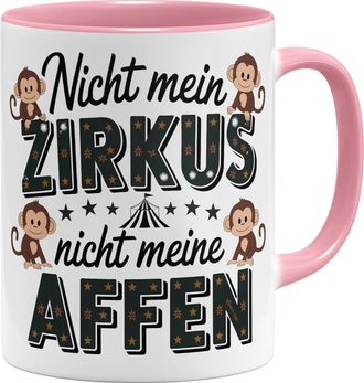 OM3 lustige Kaffee-Tasse mit Spruch - Nicht mein Zirkus nicht meine Affen - Zirkuszelt Äffchen - Statement Bürotasse IV - Keramik Becher - 325ml - Beidsei