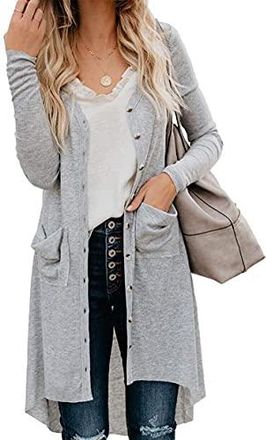 ORANDESIGNE Femme Cardigan Manches Longues Veste avec Poches Tricot Gilets Long en Maille Outwear Automne Élégant Bouton Blouson Chic Manteau A Gris 44