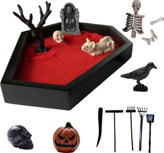 Generic Zen-Garten- | Halloween Gothic Tabletop Sarg Sand Dekoration,Gotisches Zen-Garten-Set mit Totenkopf als Innenornament, gruselige Mikrolandschaft f&uuml;r M