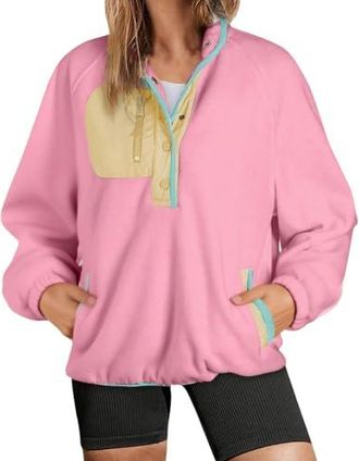 Generic Vestes pour femmes 2026 pour femmes, veste polaire pelucheuse surdimensionn&eacute;e, bloc de couleur, boutons, pull &agrave; manches longues, sweatshirts hauts, Ro