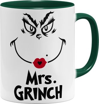 OM3 lustige Anti Weihnachten Kaffee-Tasse mit Spruch - Mrs Grinch - f&uuml;r Sie - Keramik Becher - 325ml - Beidseitig Bedruckt - Gr&uuml;n