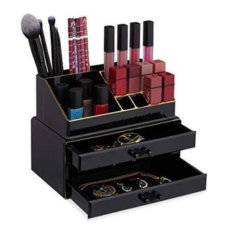 Relaxdays Make Up Organizer klein, 2-teilige Schminkaufbewahrung mit Schubladen, stapelbares Kosmetikregal, schwarz/Gold