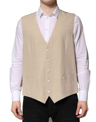 Dolce & Gabbana Beige Linen Dress Formal Men Waistcoat Vest Viscose