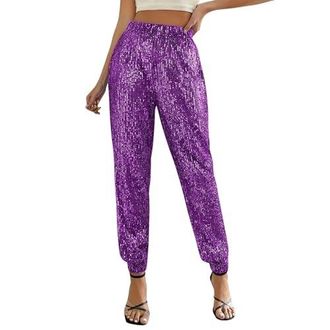 Generic Pantalon scintillant pour femme - &Eacute;lastique - Coupe haute - Brillant - Pantalon crayon d&eacute;contract&eacute; - Pantalon long - Tenue de vacances - Pyjama 3/4 po