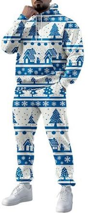 Generic Survêtement de Noël pour homme - Ensemble complet - Sweat à capuche et pantalon de jogging - Coupe régulière - Manches longues - Poche, 01-4-Bleu clai
