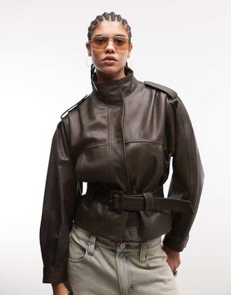 Asos Utility-Jacke aus Echtleder in verwaschenem Braun mit G&uuml;rtel-Brown
