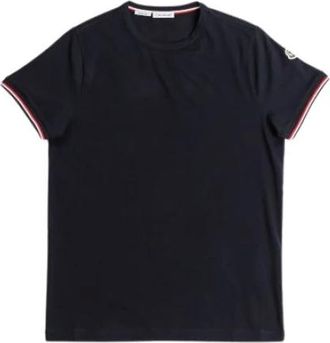 Moncler Homme, Tops, Bleu, Taille: M T-shirt en coton &agrave; bordures tricolores