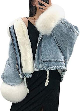 Minetom Femmes Hiver Denim Manches Longues Veste Blouson Jean Bouton Peluche Doublée Ample Veste Manteau Chaud Parka Bleu Blanc 40