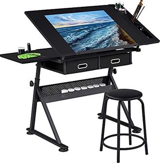 Yaheetech Zeichentisch Architektentisch H&ouml;henverstellbar Arbeitstisch Verstellbarer Tischplatte Schreibtisch Sch&uuml;lerschreibtisch mit Hocker und Schubladen f&uuml;r T