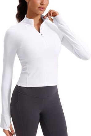 CRZ YOGA Femmes Butterluxe à Manches Longues 1/2 Fermeture Éclair Pullover Athlétique Recadré Hauts avec Trous pour Les Pouces Blanc 40