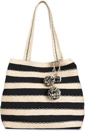 Cafènoir Sac De Courses En Raphia Et Toile Avec Breloque Pompon, Pour Femme, Couleur Noir, Taille Taille Unique