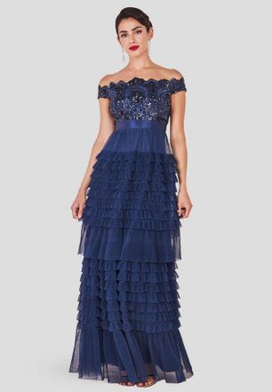 Goddiva Maxikleid Scallop Bardot Ruffle Mesh Maxi langes Kleid