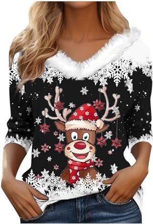Generic Sweat-shirt de Noël pour femme - Haut en fourrure - Col en V - Manches 3/4 - Motif arbre de Noël - Renne - Imprimé graphique - Pull de vacances décont