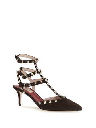 Valentino Garavani Womens Rockstud Suede Pumps Ebony Brown High Heel Shoes