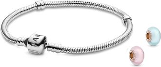 Pandora Pandora Moments Style Your Story Set Schlangen-Gliederarmband inkl. mattem rosafarbenen und blauen Murano-Glas Charm, Gr. 20cm