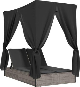 vidaXL Vidaxl - Doppel-Sonnenliege mit Dach und Vorh&auml;ngen Grau Poly Rattan