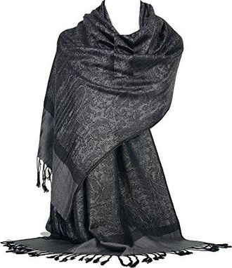 GFM P093 Écharpe style pashmina motif cachemire floral - Noir Argent Gris - (P093-klchbh)
