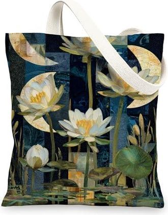 Generic Sacs fourre-tout en toile florale, design élégant nénuphar, sacs dépicerie réutilisables, artistiques, vintage, respectueux de lenvironnement, légers,