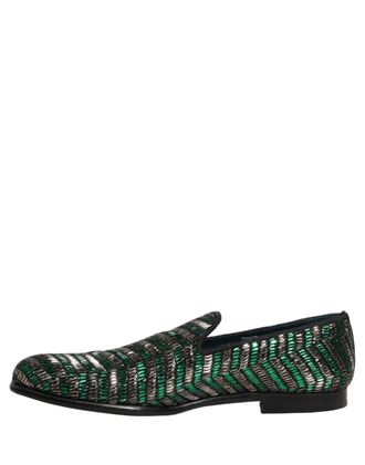 Dolce & Gabbana Mens Silver Green Embellished Dress Loafers Shoes Leather