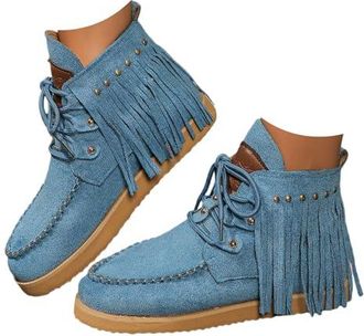 Generic Bottines de cowboy plates &agrave; franges pour femme - Bottines de cowgirl courtes &agrave; franges - Bottines dautomne et dhiver - Chaussures plates &agrave; rivets en d