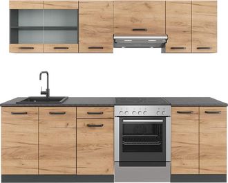 Vicco Küchenzeile Raul, Goldkraft Eiche/Anthrazit, 240 cm, AP Schwarz Gemustert