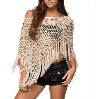 Generic Poncho à franges en crochet à paillettes, haut de cape en crochet pour femme, léger, en maille tricotée, manches chauve-souris, couverture de plage, a