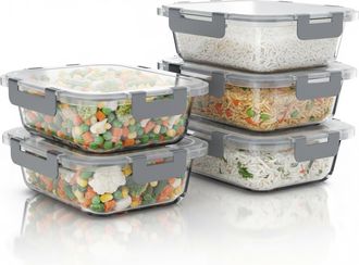 Arendo Lunchboxen Glas - Frischhaltedosen f&uuml;r Lebensmittel mit Deckel luftdicht - 5er Set - 1000 ml - f&uuml;r Mikrowelle Ofen Gefrierschrank - Sp&uuml;lmaschinen geei