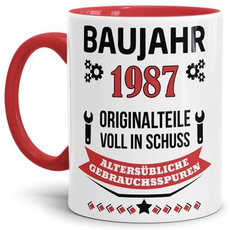 Tassendruck Geburtstags-Tasse Baujahr 1987 Innen & Henkel Rot/Kaffee-Tasse/Mug/Cup/Becher/Lustig/Witzig/Fun/Geschenk-Idee/Geburts-Jahr/Scherz-Artikel/Geburtstags-