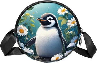 Generic Petit sac &agrave; bandouli&egrave;re rond pour femme, motif pingouin, fleur de pingouin, sac &agrave; dos avec fermeture &eacute;clair, bretelles r&eacute;glables, sac &agrave; main rond d&eacute;co