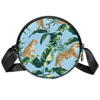 Generic Sac &agrave; bandouli&egrave;re rond pour femme, motif l&eacute;opard tropical, petit sac &agrave; bandouli&egrave;re avec fermeture &eacute;clair, bretelles r&eacute;glables, sac &agrave; main rond d&eacute;contr