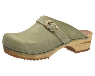 Sanita Hedi offener Clog, Wildleder | Original handgemacht | Leder-Holzclogs f&uuml;r Damen | Gr&uuml;n | 41 EU