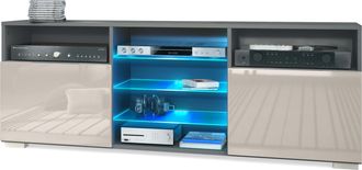 Vladon TV-Board Granada, Lowboard mit 2 T&uuml;ren und 6 offenen F&auml;chern, Korpus Anthrazit matt, Fronten in Sandgrau Hochglanz mit RGB LED-Beleuchtung (146 x 54 x