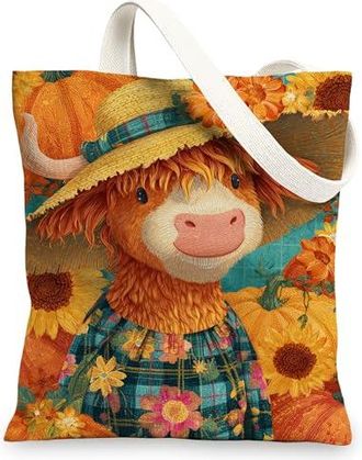 Generic Sac fourre-tout en toile de vache mignonne, motif animal floral, sacs dépicerie réutilisables, fantaisie, rustique, léger, lavable avec bandoulière, m