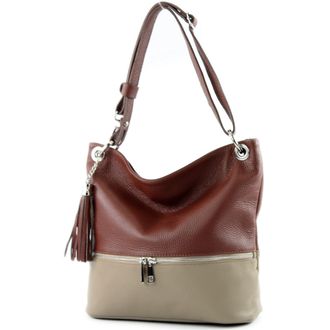 modamoda.de T143 - ital. Leder Schultertasche Umh&auml;ngetasche, Farbe:Braun/Taupe2021