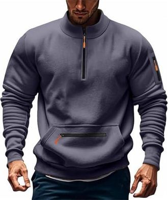 Generic Sweat &agrave; capuche en polaire pour homme hiver 2025 avec col montant, demi-fermeture &eacute;clair et plusieurs poches, gris fonc&eacute;, XXL