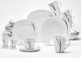Van Well van Well Alaska Geschirrset für 4 Personen - 32-teiliges klassisches Porzellan Kombi-Service in Weiß - Geschirr Set mit eckiger Form, weiß mit grau sc