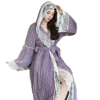 Generic QXDZSW Chemise de nuit d&eacute;licate &agrave; bords en dentelle pour femme, petit pyjama parfum&eacute;, empil&eacute; et &eacute;pais pour garder au chaud, violet, Taille unique