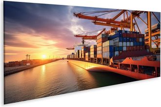 Islandburner Bild auf Leinwand Hafen bei Sonnenuntergang Containerschiff im Hafen mit Kranen Bilder Wandbilder Poster