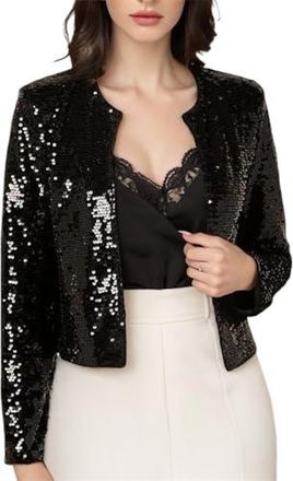 Generic Blouson bomber &agrave; paillettes &agrave; manches longues et fermeture &eacute;clair pour femme avec poches, tenue de f&ecirc;te scintillante, Noir, 3XL