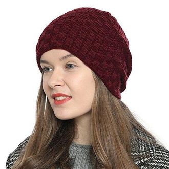DonDon Bonnet Femme Hiver Slouch Beanie Bonnet Laine tricoté avec Doublure Chaude en Polaire - Rouge foncé