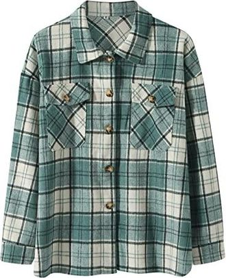 Generic 2026 Vestes pour femmes d&eacute;contract&eacute;es &agrave; carreaux imprim&eacute; &agrave; boutons &agrave; manches longues et revers avec sangle et poche, Vert, M